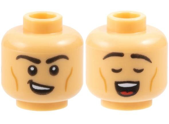 Деталь Lego 3626pb3677 Minifigure, Head Dual Sided Black Eyebrows, Medium Nougat Cheek Lines, Lopsided Open Mouth Smile / Closed Eyes, Singing Pattern