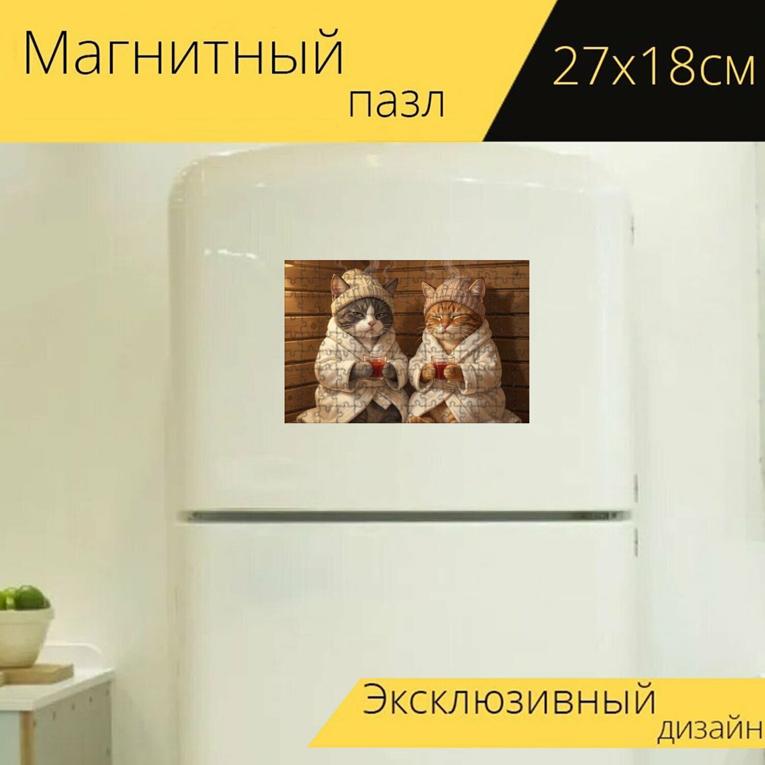 Магнитный пазл "Два кота в банных халатах. Уютная иллюстрация с двумя пушистыми питомцами в вязаных шапках и белых махровых накидках, держащими горячий." на холодильник 27 x 18 см.