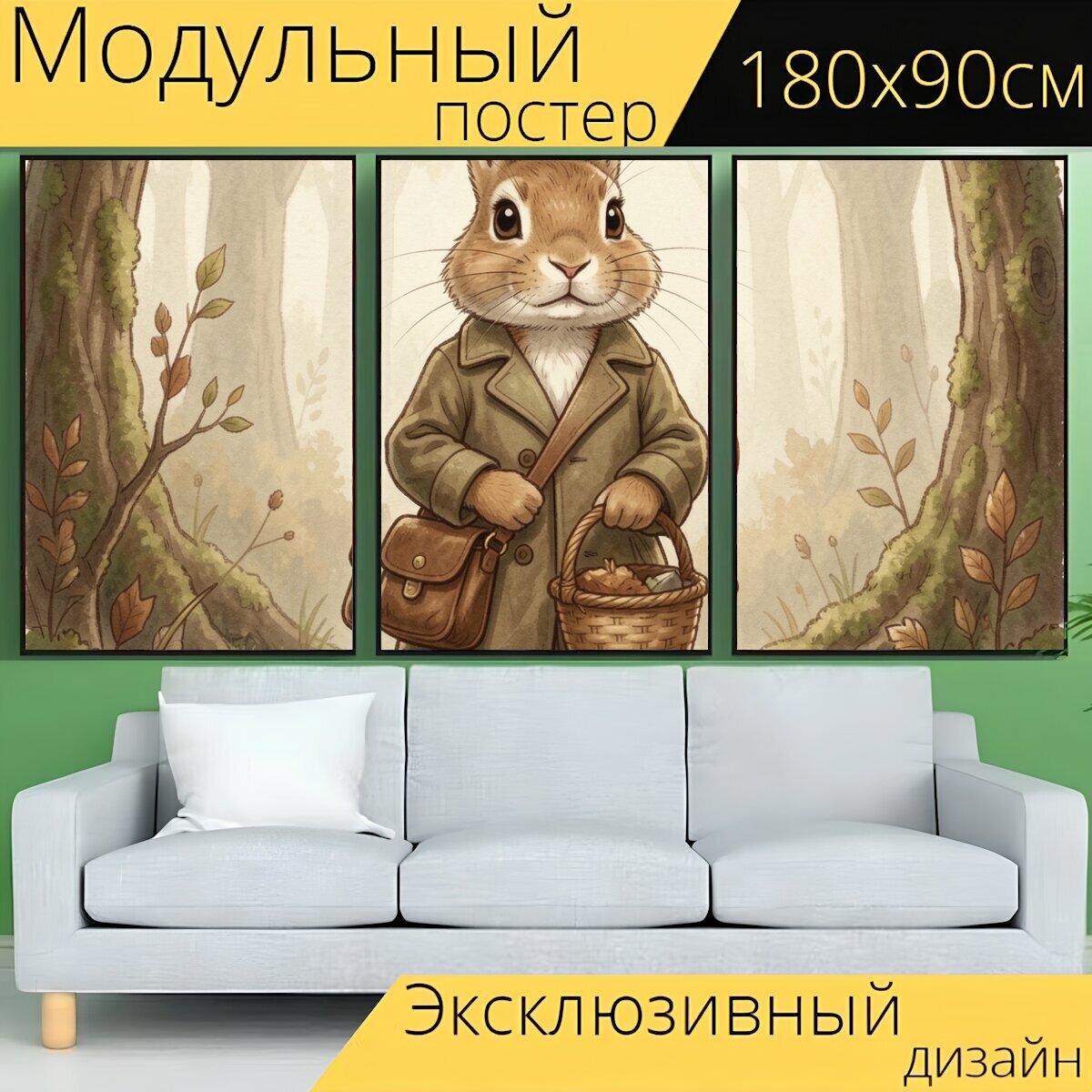 Модульный постер "Кролик в лесу с корзинкой. Очаровательный зайчонок в плаще и с сумкой стоит на тропинке среди деревьев. Сказочная." 180 x 90 см. для интерьера на стену в тубусе