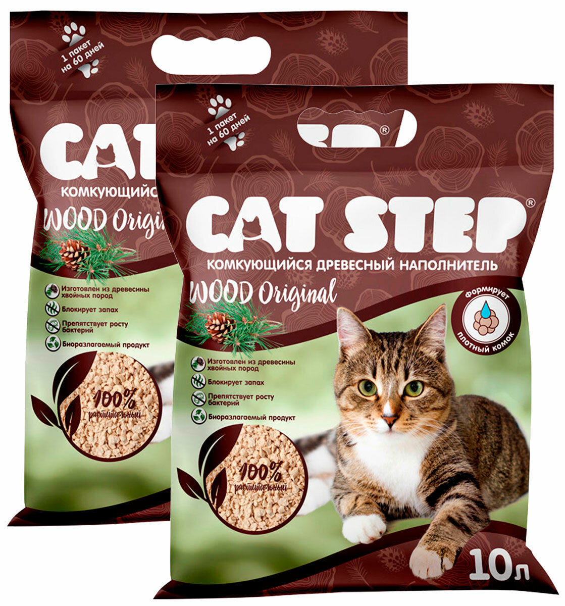 CAT STEP WOOD ORIGINAL наполнитель древесный комкующийся для кошачьего туалета (10 + 10 л)