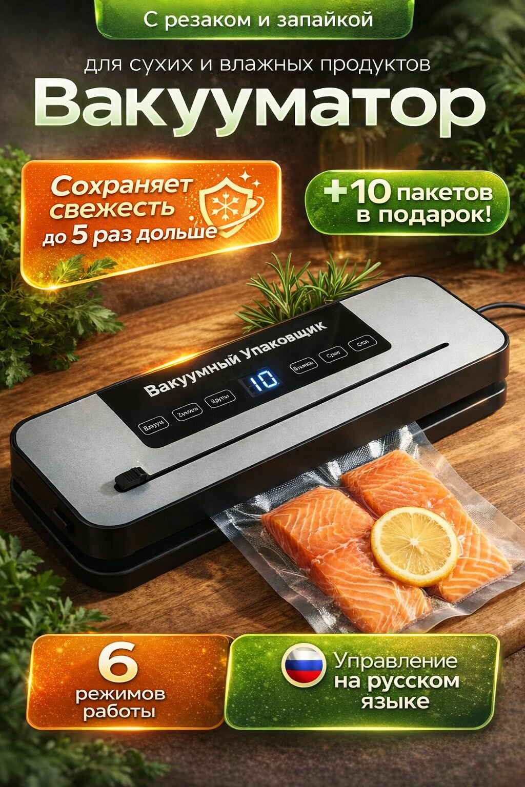 Вакууматор для продуктов / вакууматор для продуктов с резаком и пакетами 10 пакетов