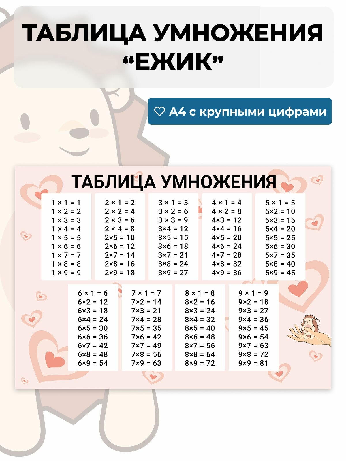 Таблица умножения "Ежик", А4 ламинированная
