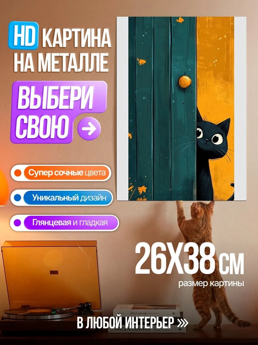 Картина на HD металле Черный кот у двери