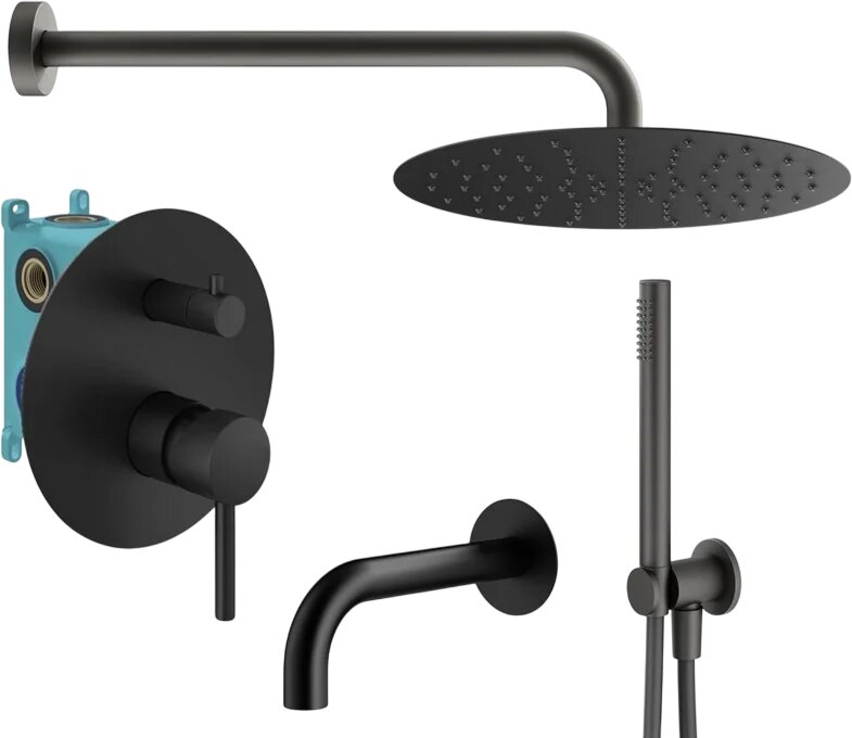 Душевой комплект Plumberia Selection Ixo KITXO19NO60 4 в 1, встраиваемый, с внутренней частью в комплекте, со смесителем, с изливом, с тропическим душем, латунный, черный, матовый, душевая система
