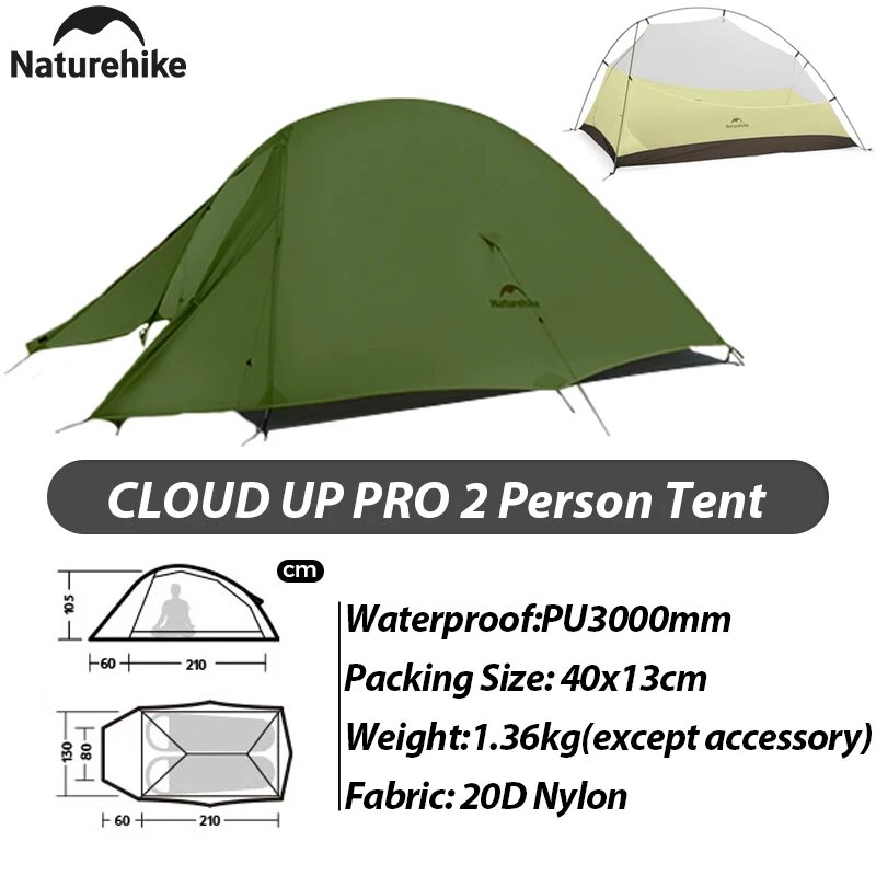 Naturehike 2025 Новый туристический палатка для 3 человек 20D Cloud Up Pro Легкая портативная водонепроницаемая для походов и кемпинга-Pro-2P Зеленый