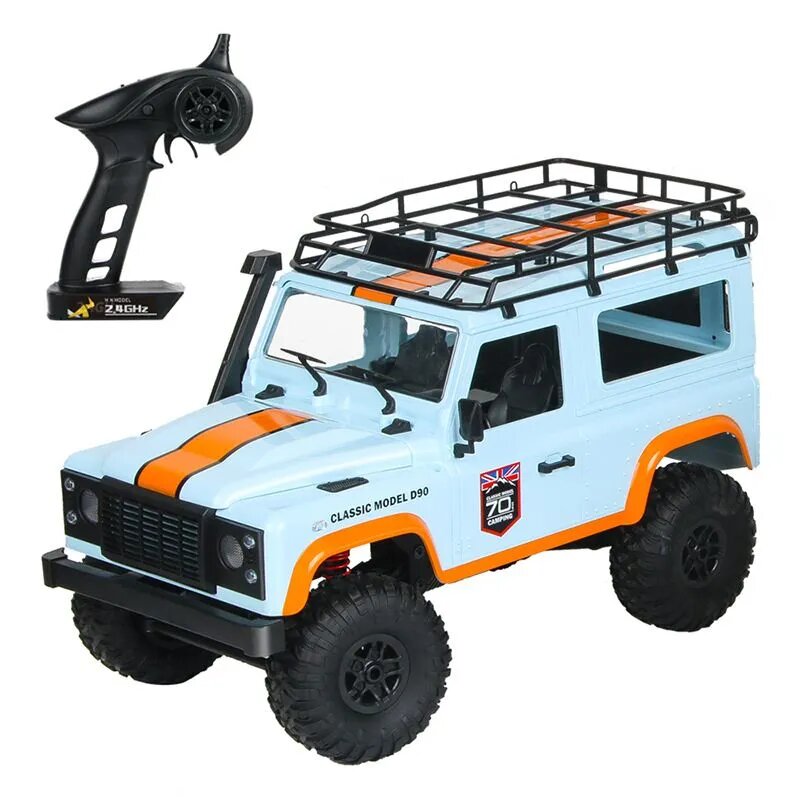 Радиоуправляемая машинка, Land Rover Defender D90, Remo Hobby Щеточные двигатели, Полномасштабный полноприводный альпинистский аппарат, длина кузова 35 см 1:12, голубой