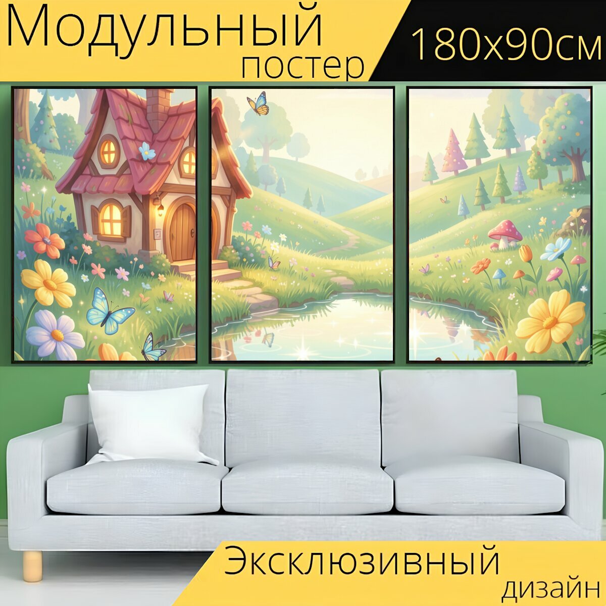 Модульный постер "Сказочный домик у пруда. Нежная иллюстрация с уютным домом в цветущей долине, зеркальным водоёмом, бабочками и." 180 x 90 см. для интерьера на стену в тубусе