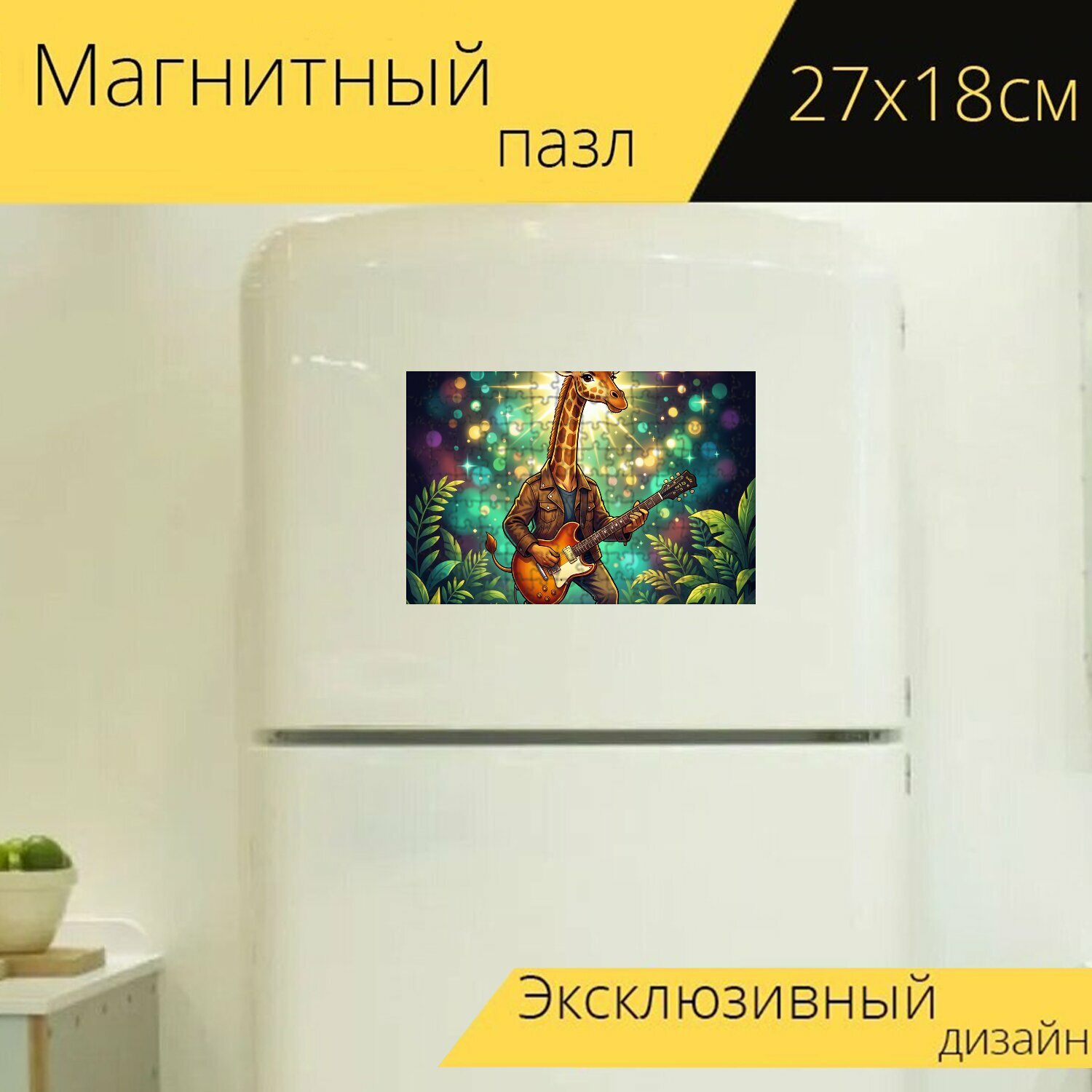 Магнитный пазл "Жираф-рокер с гитарой. Яркая фантазийная иллюстрация: жираф в куртке играет на электрогитаре среди тропической зелени. Насыщенные." на холодильник 27 x 18 см.