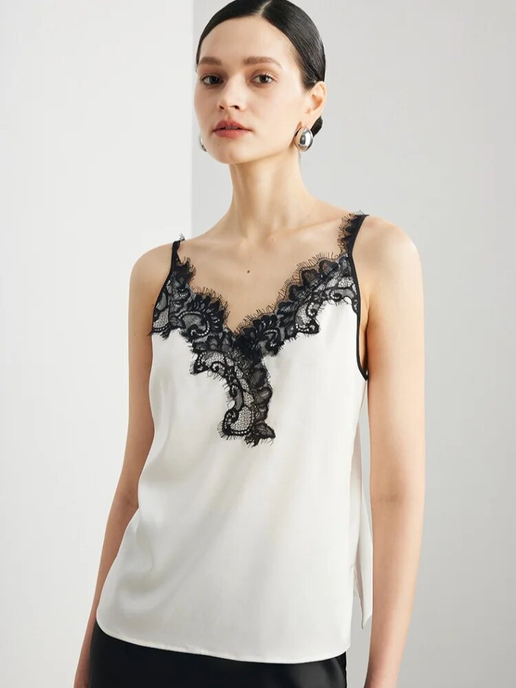 Шелковый топ Birdtree без рукавов, Black Lace, M