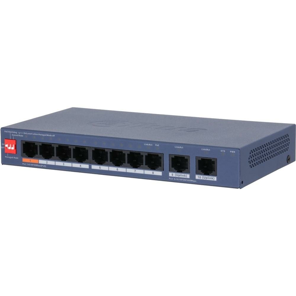 Коммутатор 10-портовый Dahua DH-CS4010-8ET2GT-60, 8x Fast Ethernet PoE, 2x Gigabit Uplink, 60 Вт, PoE