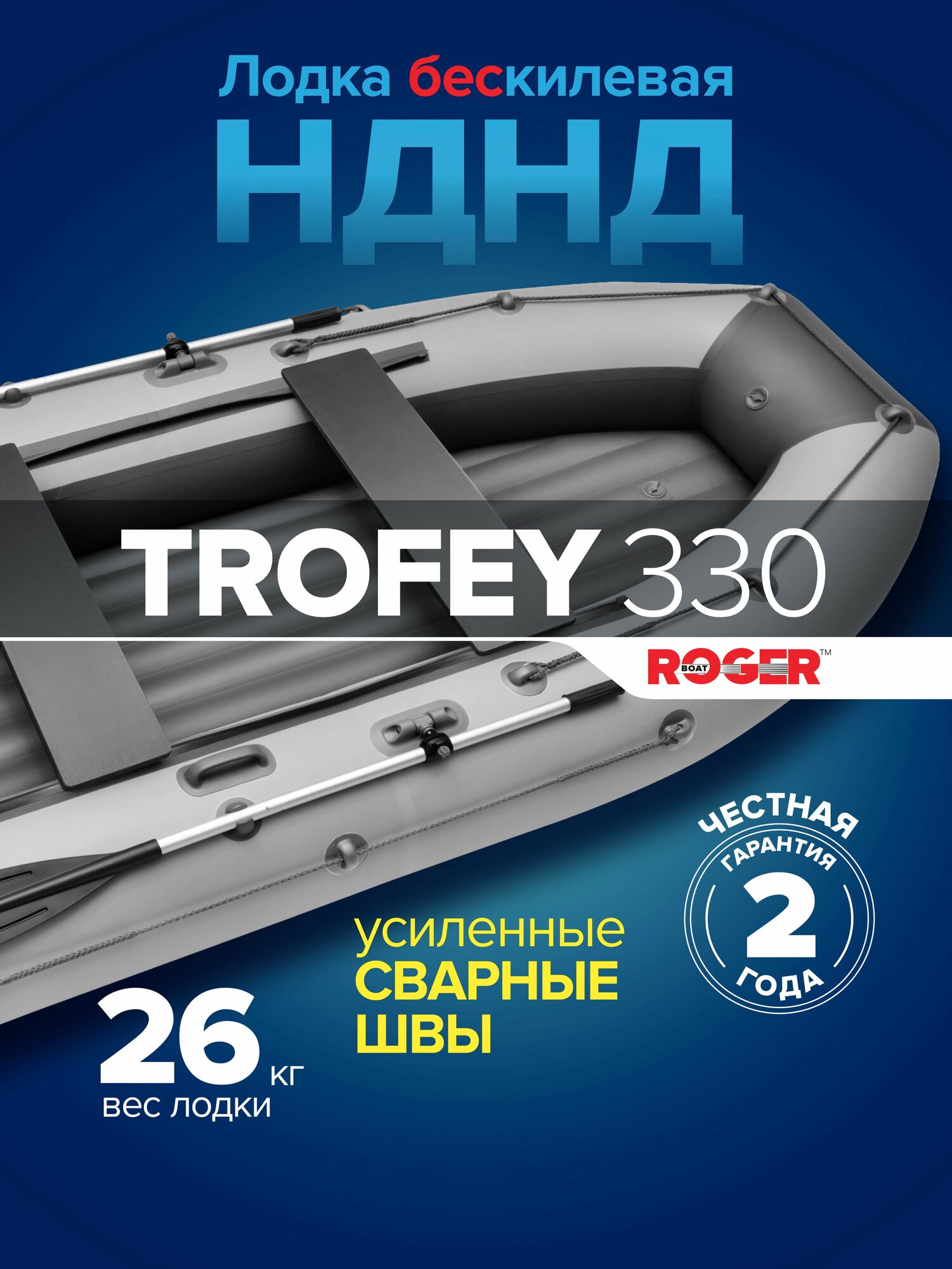 Лодка ПВХ под мотор НДНД ROGER Trofey 330, лодка надувная для рыбалки роджер (серый графит)