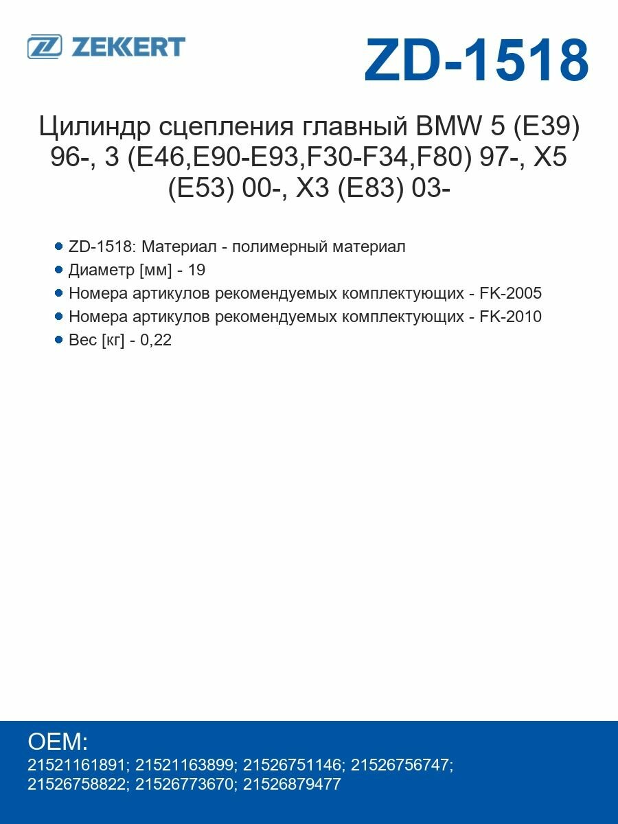 Zekkert Цилиндр сцепления главный BMW 5 (E39) 96-, 3 (E46, E90-E93, F30-F34, F80) 97-, X5 (E53) 00-, X3 (E83) 03-