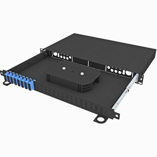 Кросс оптический стоечный выдвижной Toplan 19", 12 SC/UPC адаптеров одномодовый, 1U, черный, укомплектованный,
