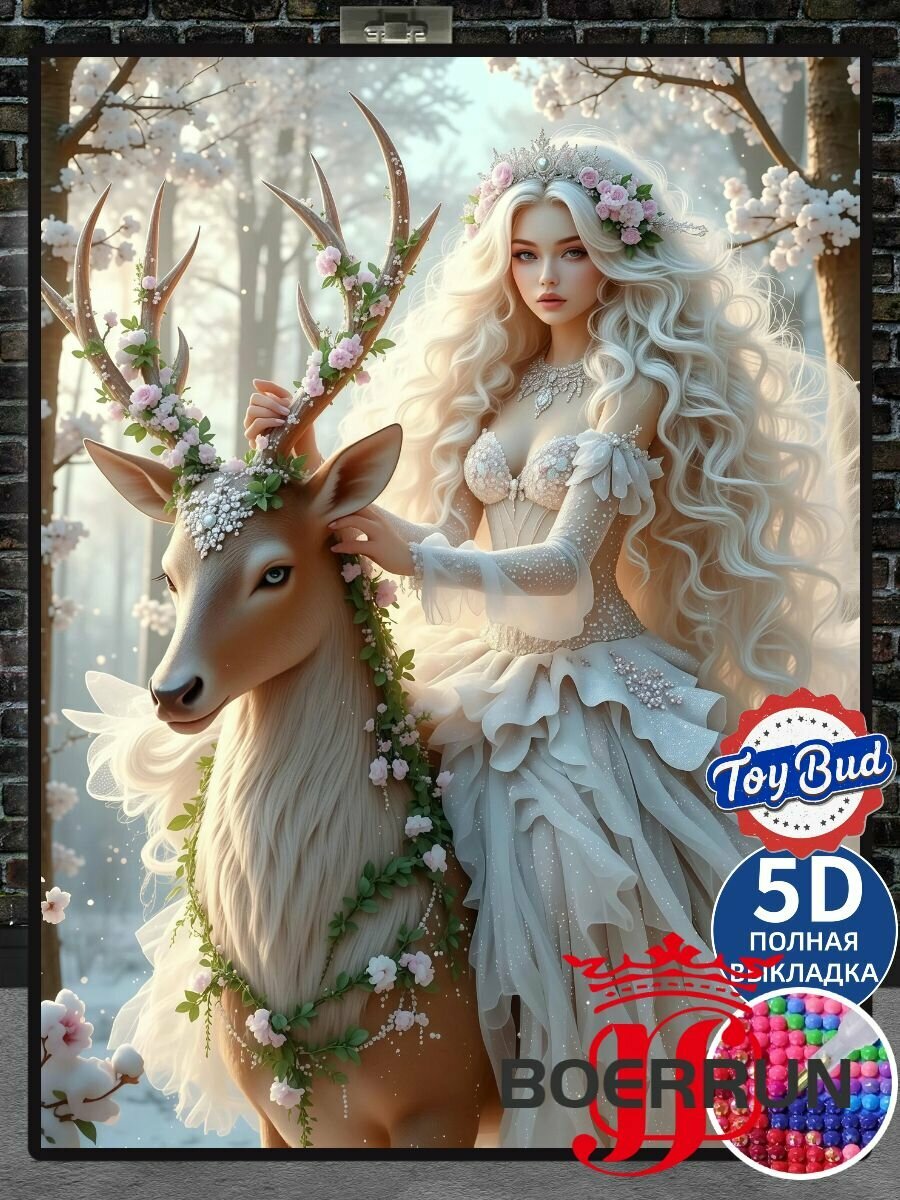 Toy Bud Алмазная мозаика "Красота и олень" / Алмазная вышивка / Круглая картина стразами Полная выкладка 40х50CM(без подрамника, без рамки)