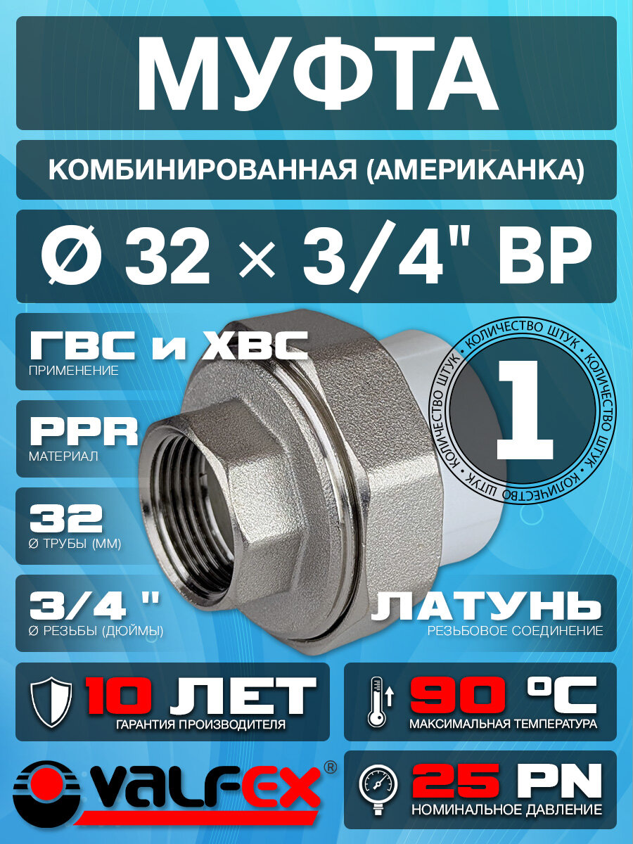 Муфта комбинированная разъемная (американка) с внутренней резьбой 32x3/4"