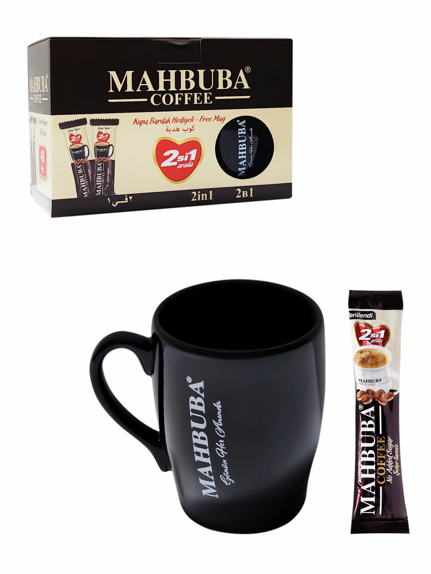 Растворимый кофе в пакетиках (2 в 1) + кружка для кофе, "Mahbuba", Coffee, (48шт*10гр) 480гр. Турция