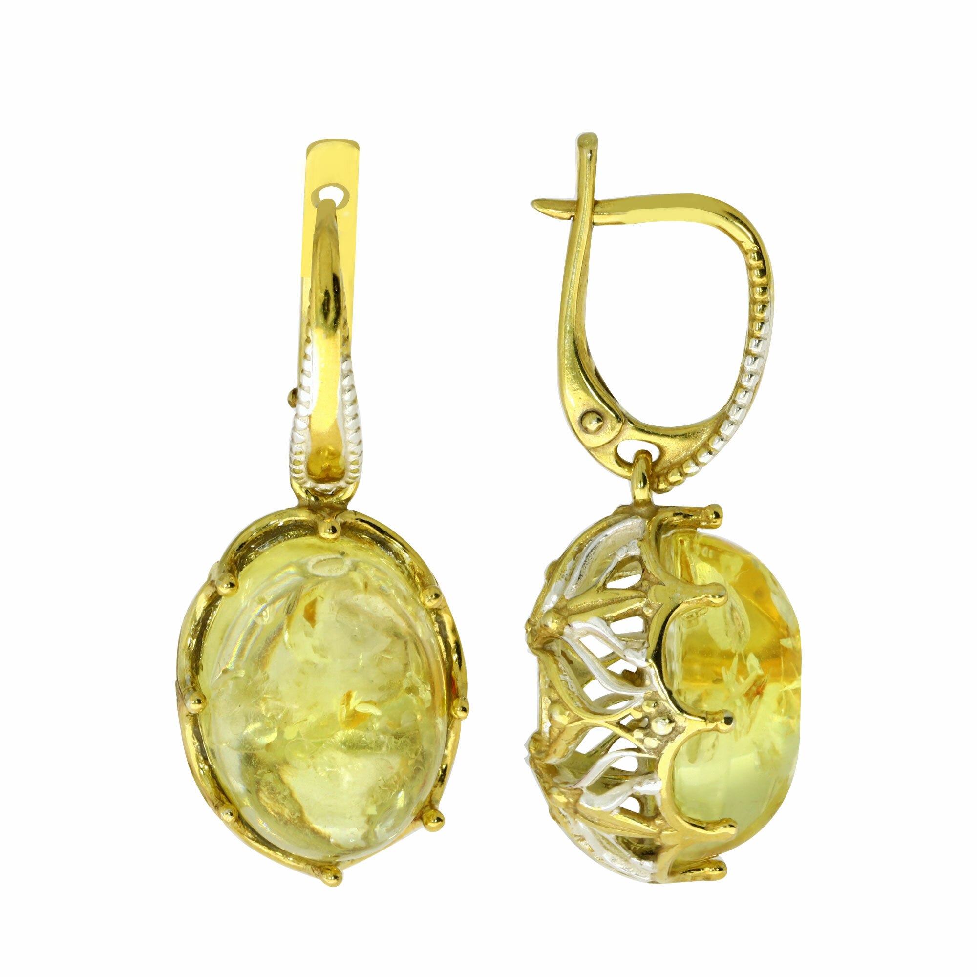 Серьги, серебро, 925 проба, золочение, янтарь