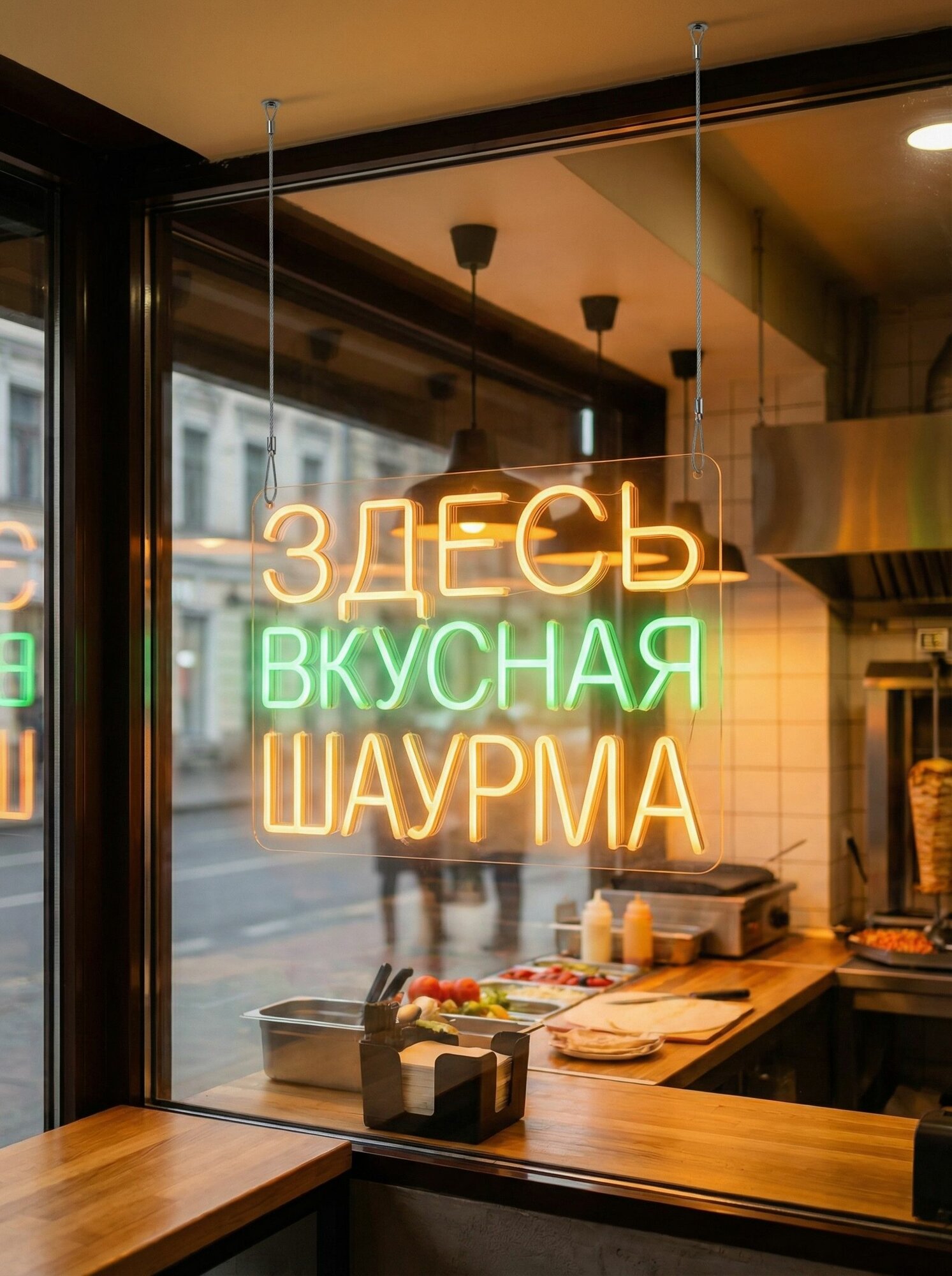 Неоновая вывеска "здесь вкусная шаурма" 70х51 см, неоновая надпись, LED светильник для шавермы, шаурмы