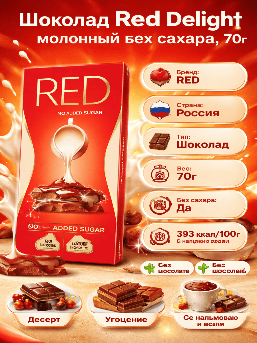 Шоколад Red Delight молочный без сахара, 70г