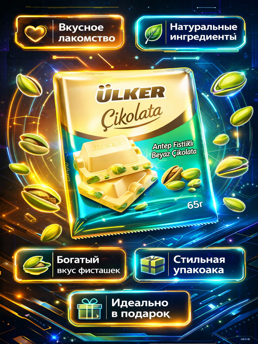 Шоколад Ulker белый с фисташками, 65г x 5 упаковок