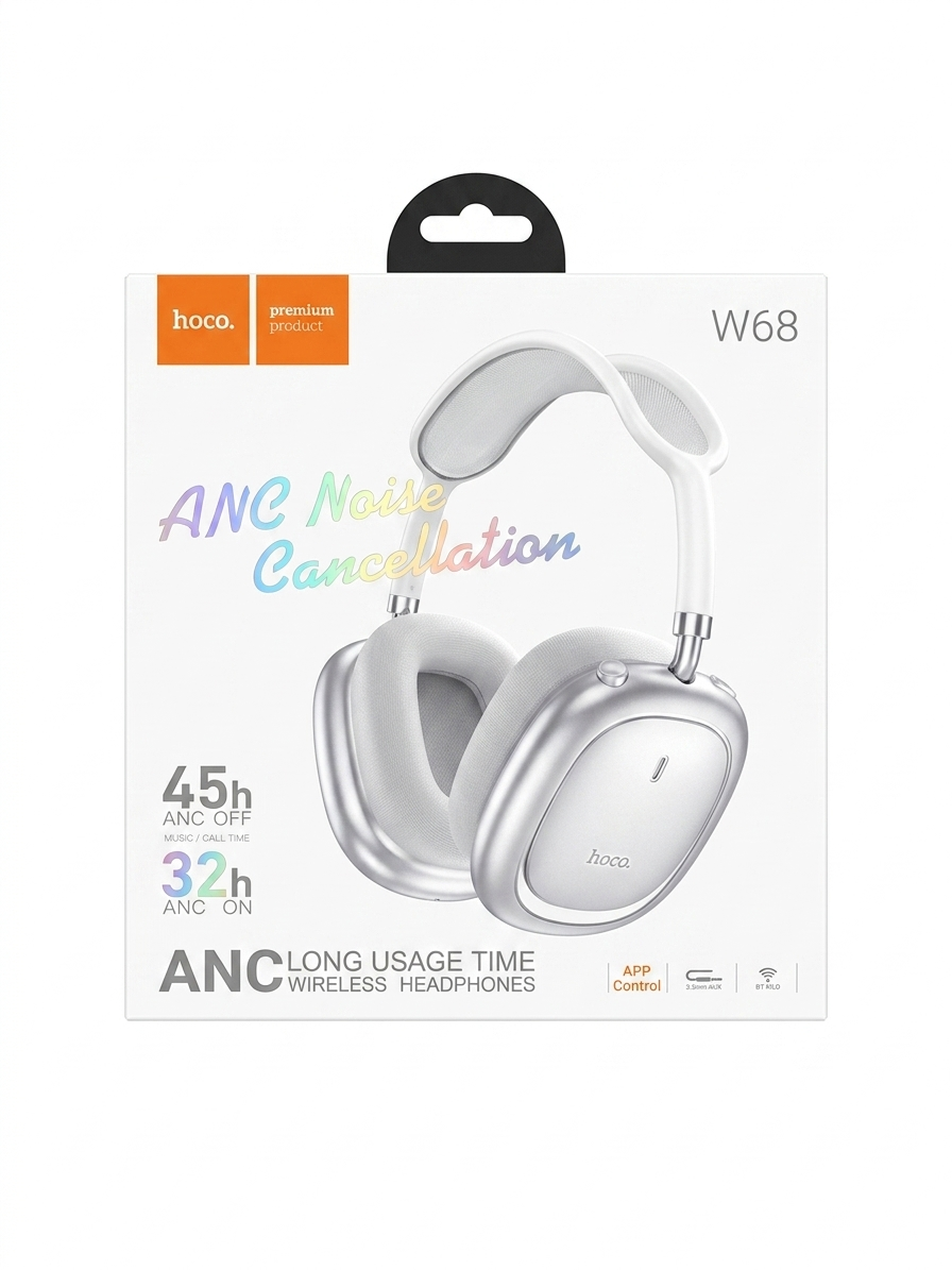 Беспроводные наушники Hoco W68 с активным шумоподавлением (ANC), Bluetooth 6.0, серебристый
