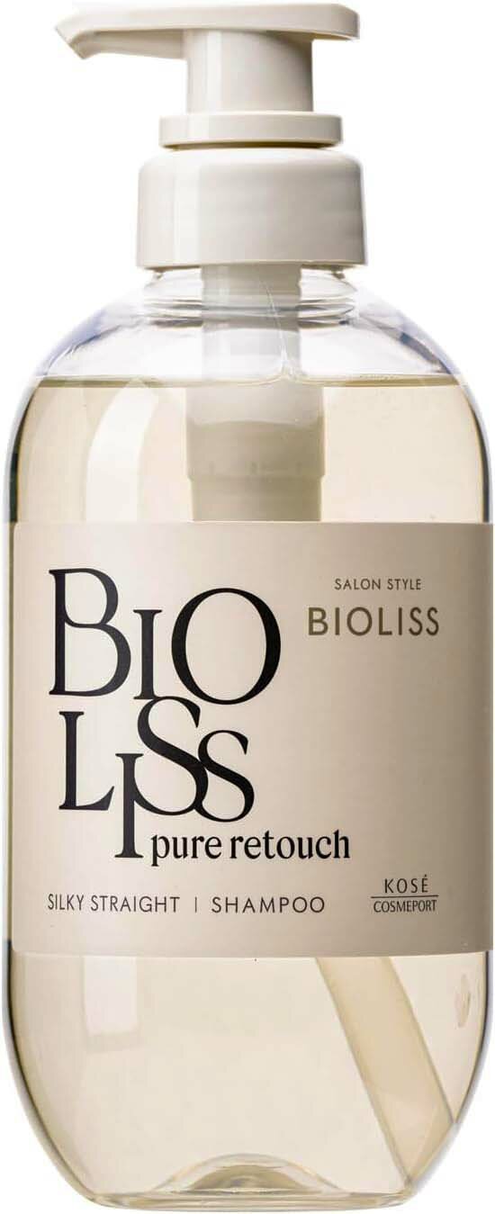 KOSE Bioliss Pure Retouch Выпрямляющий шампунь для ухода за поврежденными волосами с экстрактом персика, с ароматом мускуса, 480мл.