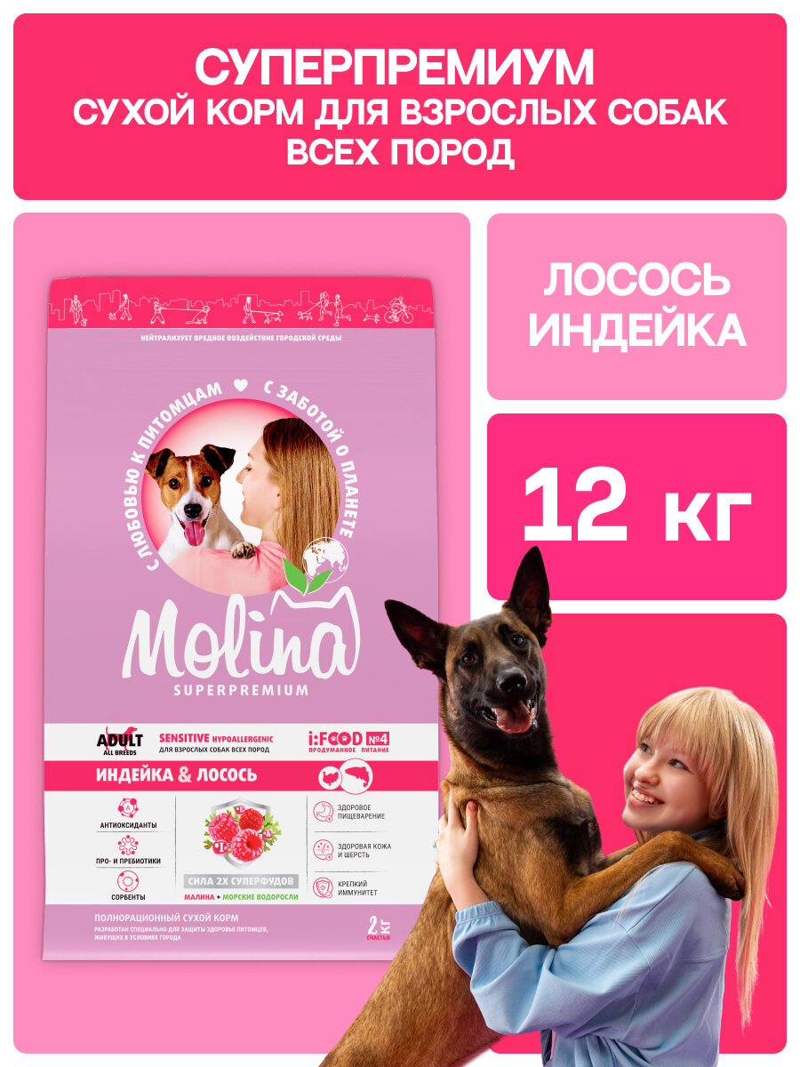 Корм для собак сухой для взрослых собак всех пород с индейкой и лососем MOLINA, 12 кг.