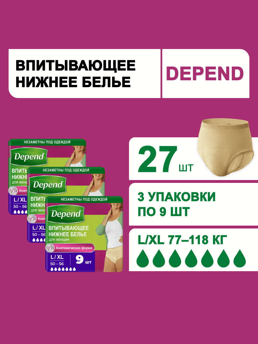 Трусы подгузники для взрослых Depend L / XL (50-56) женские, 27 шт