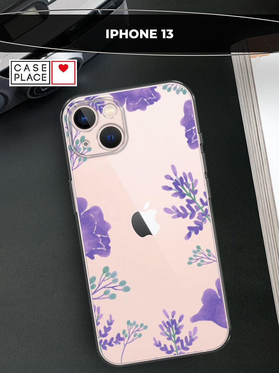 Чехол на Apple iPhone 13 / Айфон 13 с принтом Сиреневая цветочная рамка, прозрачный