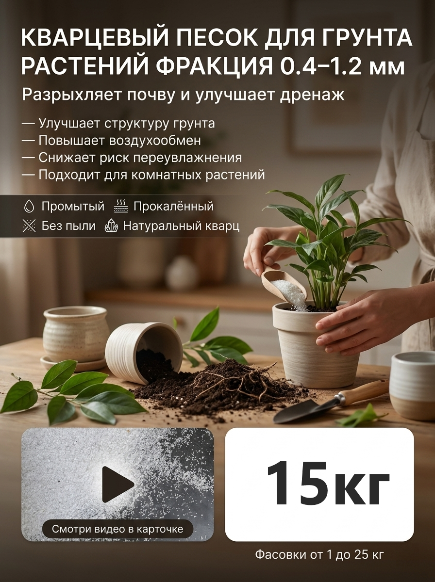 Дренаж для растений 0.4–1.2 мм, кварцевый песок, средняя фракция, добавка в грунт, чистый, без пыли, 15 кг