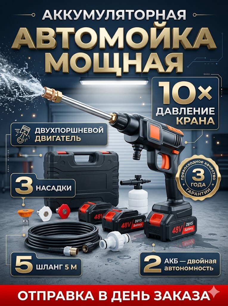 Мойка высокого давления аккумуляторная для автомобиля, Автомойка, в кейсе 2 аккумулятора, 3 насадки