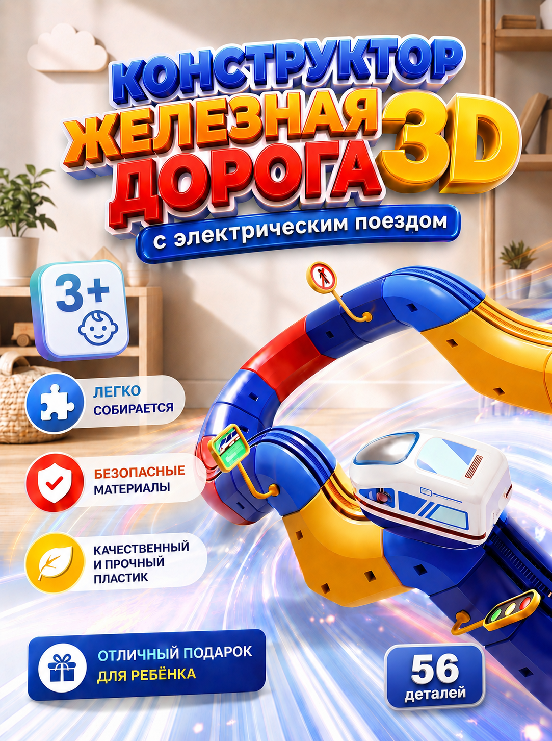 Конструктор "Железная дорога" 3D, с электропоездом, 56 деталей