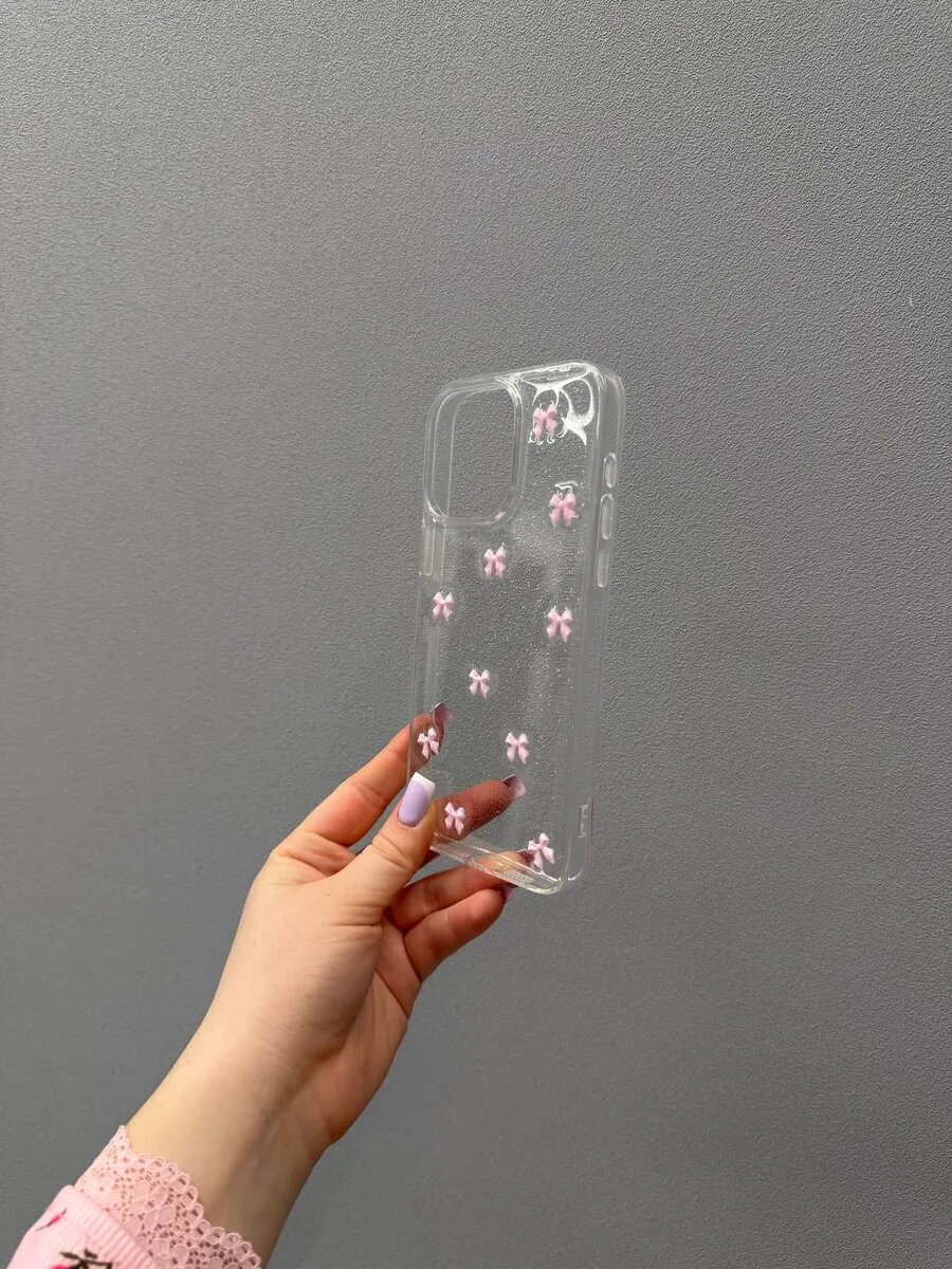 Чехол на Iphone 15 Pro Max, прозрачный, принт "Розовые бантики" . — фото 1