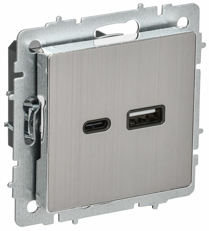 Розетка BRITE USB A+C 18Вт РЮ11-1-БрГН механизм металл хром/никель IEK BR-U22-018-M-K23