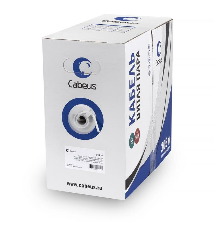 Кабель витая пара U/UTP кат.5E 4х2х24AWG solid PVC нг(А)-LS UTP-4P-Cat.5e-SOLID-GY сер. (уп.305м) Cabeus 7171c