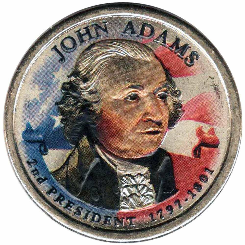 02p Монета США 2007 год 1 доллар Джон Адамс Вариант №2 Латунь COLOR. Цветная