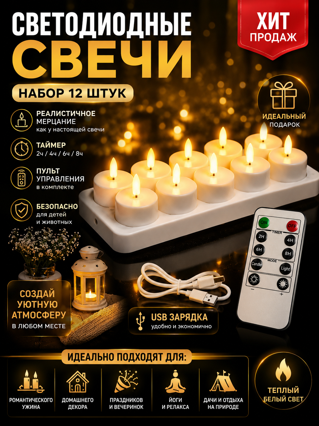 Аккумуляторные свечи в виде чайников, набор из 12 штук для декора интерьера