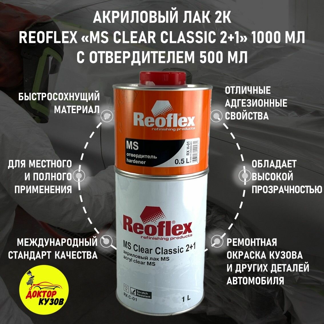 Лак акриловый глянцевый 2К MS 2+1, автомобильный Reoflex, 1 л с отвердителем 0,5 л