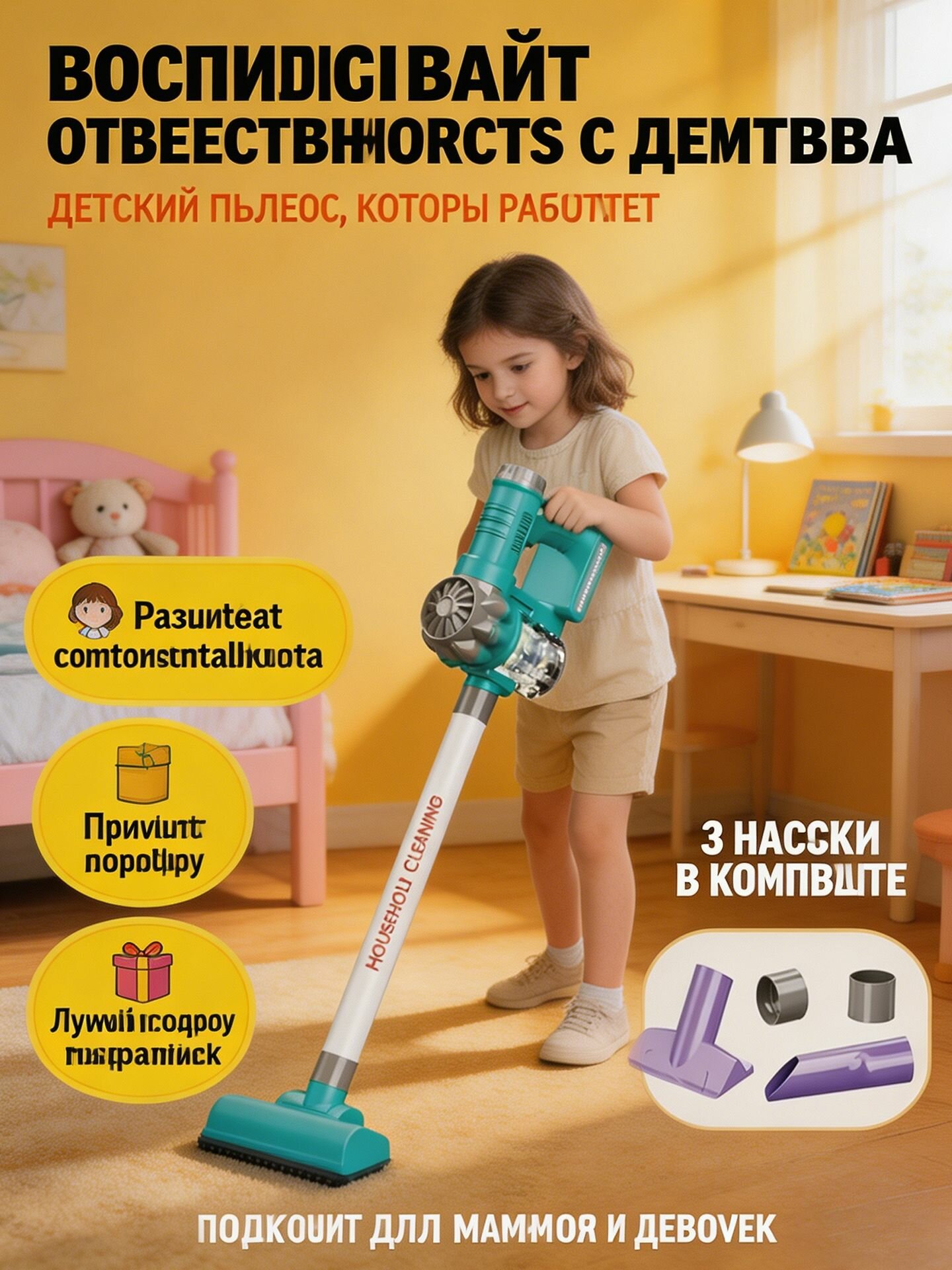 Пылесос детский вертикальный игрушечный ручной, 3 насадки, контейнер для сбора пыли, игровой набор бытовая техника