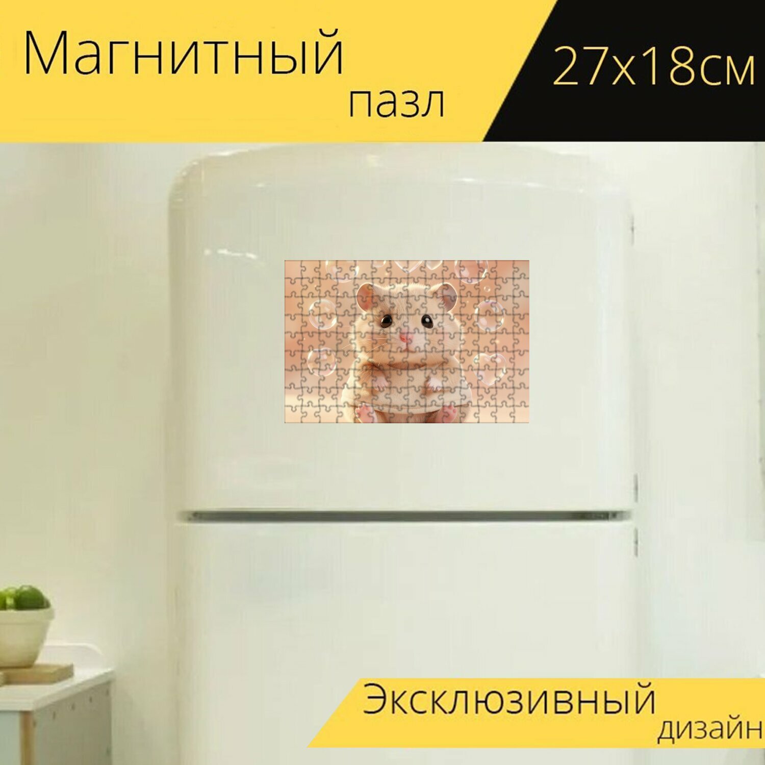 Магнитный пазл "Милый хомяк с сердечками. Нежный 3D-рендер с пушистым зверьком в светлом бежевом свитере, вокруг прозрачные пузырьки и сердечки." на холодильник 27 x 18 см.