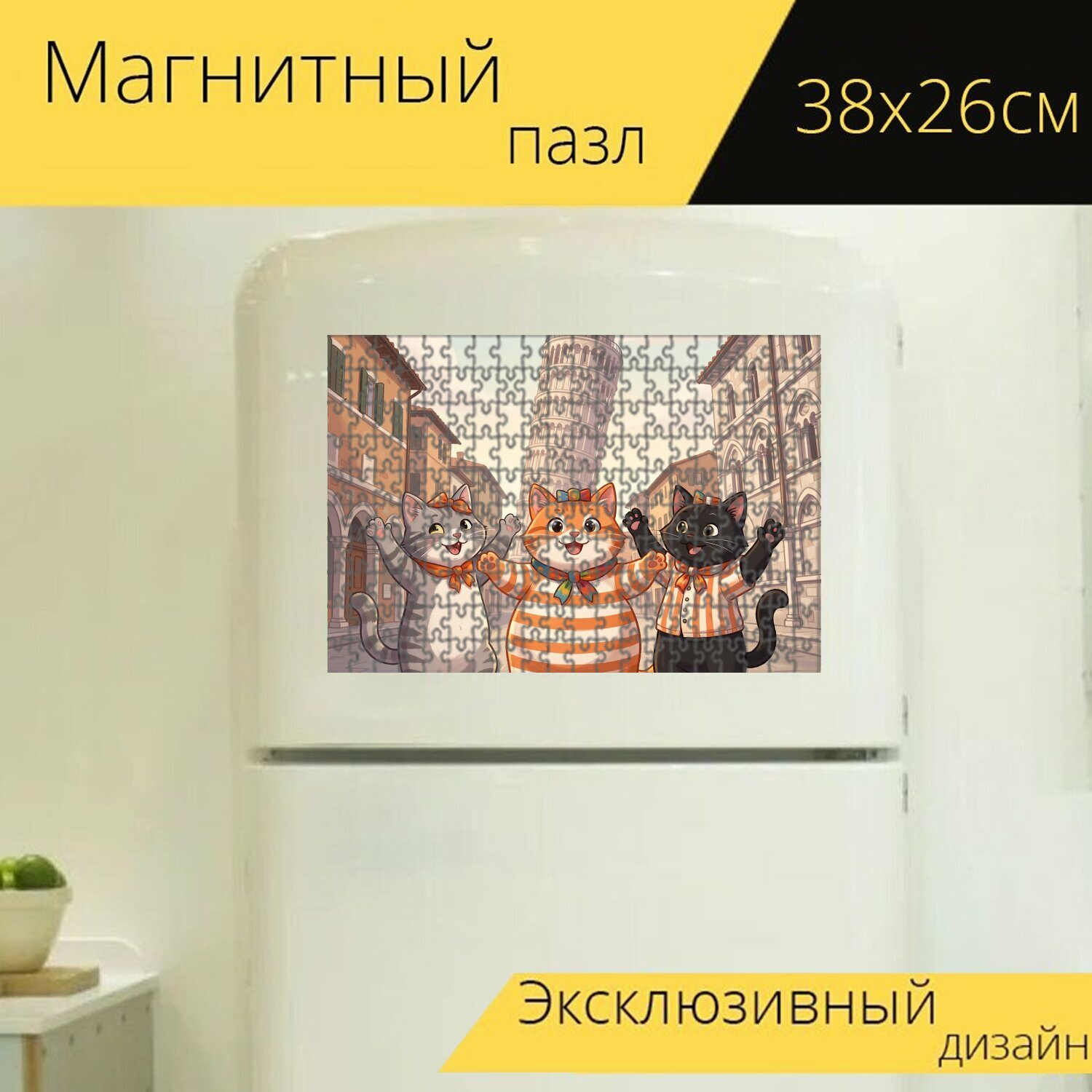 Магнитный пазл "Три веселых кота в Пизе. Милые мультяшные коты в ярких шарфах и одежде позируют на старинной улице Италии, на фоне знаменитой падающей." для интерьера, 38х26 см.