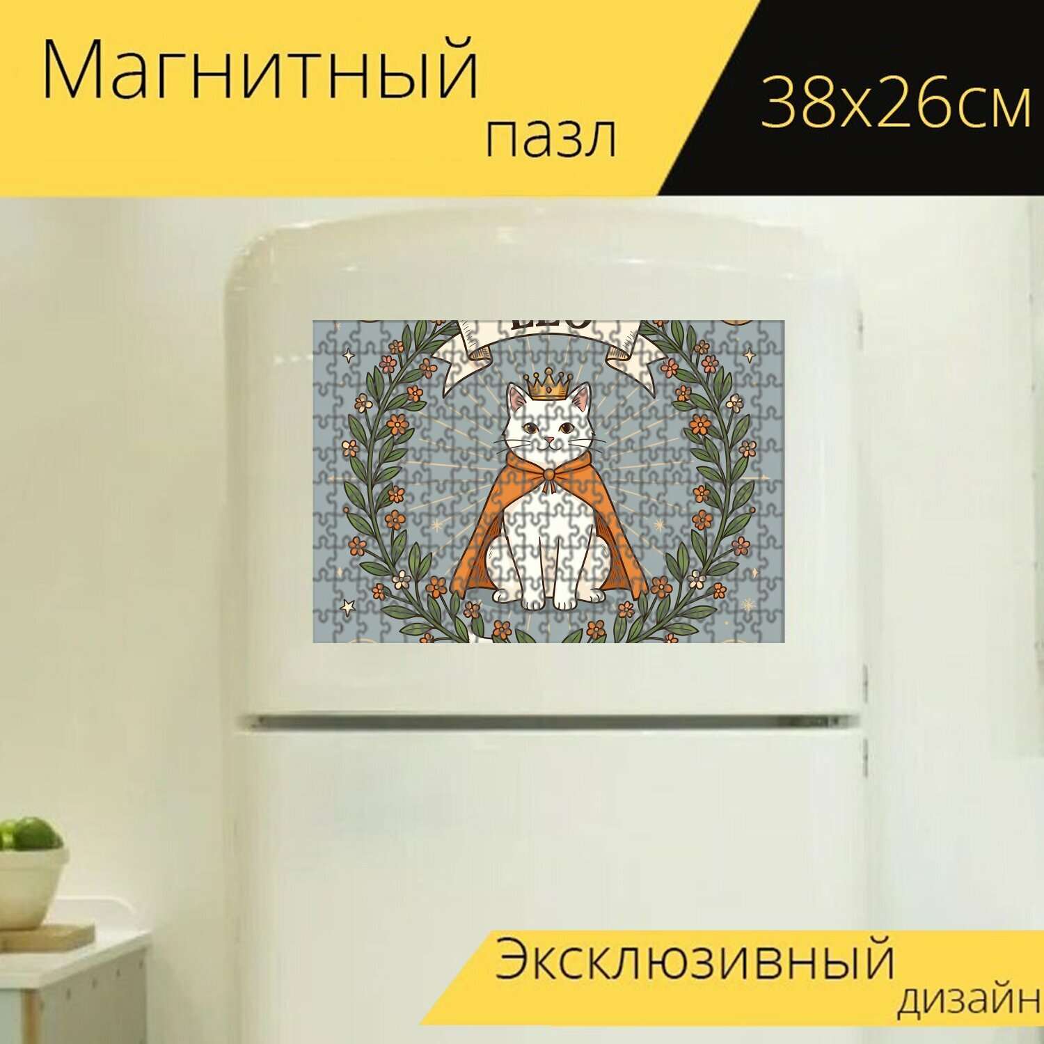 Магнитный пазл "Кот Лев с короной. Белый кот с короной и оранжевой накидкой в центре венка из зелени и цветов, вокруг звезды и полумесяцы. Нежный мультяшный." для интерьера, 38х26 см.