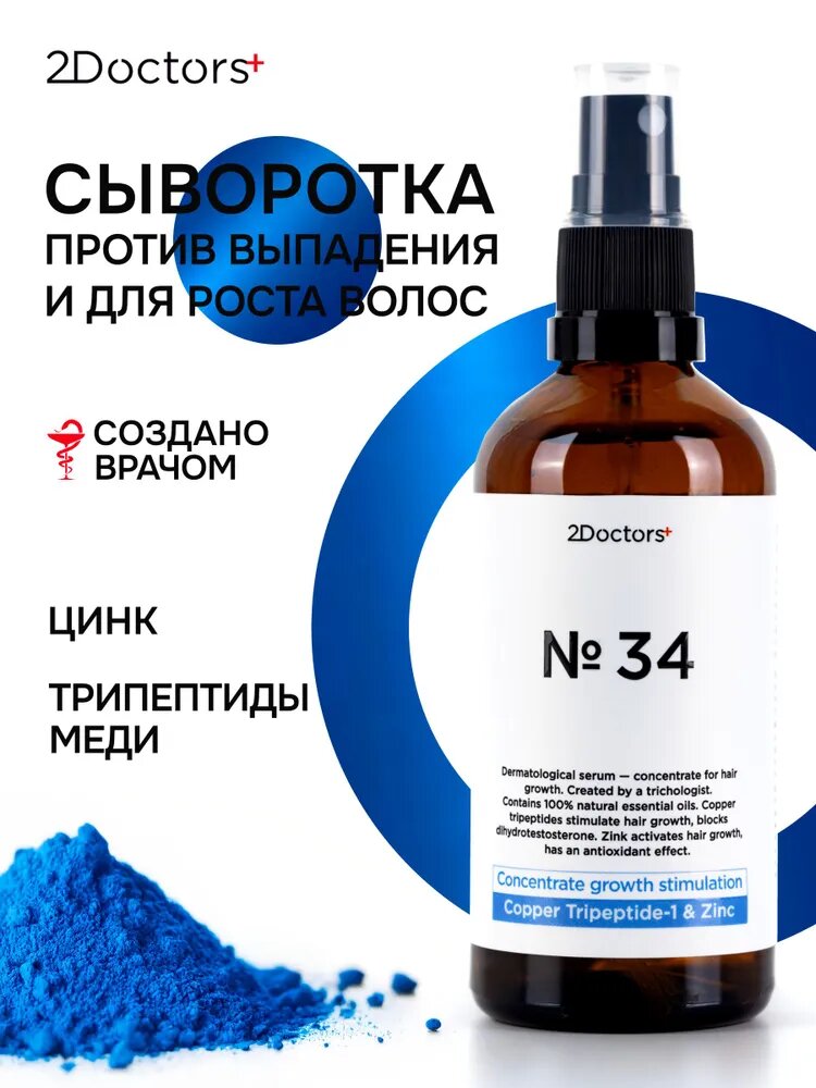 Сыворотка для роста волос, против выпадения волос, для женщин, рост бороды для мужчин, Трипептиды меди + цинк + никотиновая кислота №34 от 2Doctors