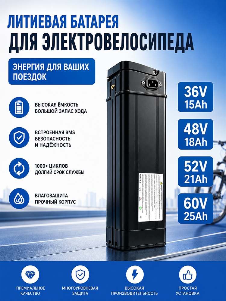 Аккумулятор велосипедный, 36V 48V 52V 60V аккумулятор для электровелосипеда, велосипеды электрические складные