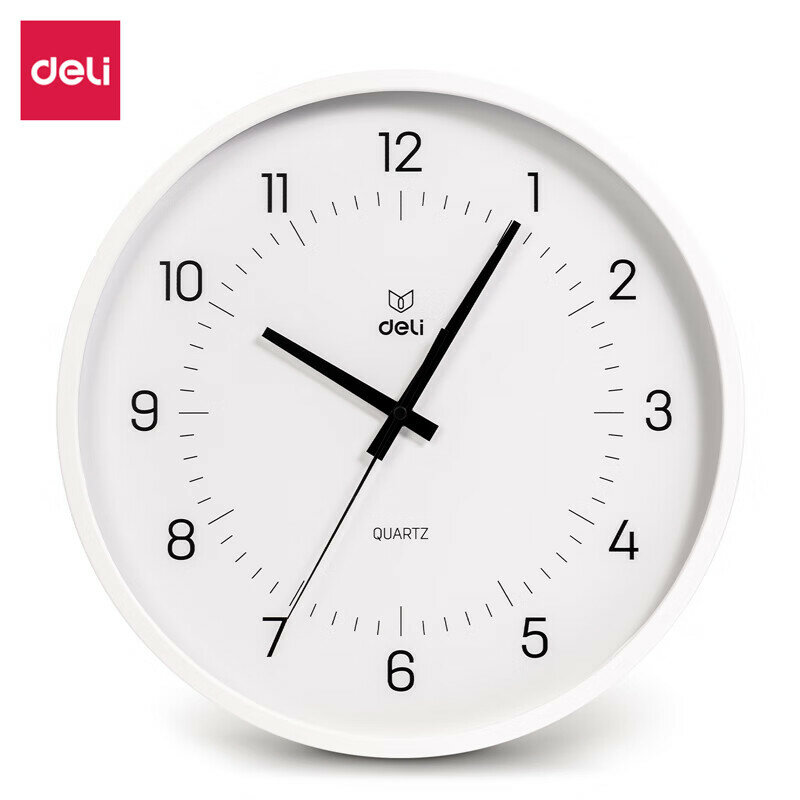 Deli Simple And Stylish Wall Clock, Bedroom And Living Room Time Reminder, No Drilling Required Large Dial, White, LE402