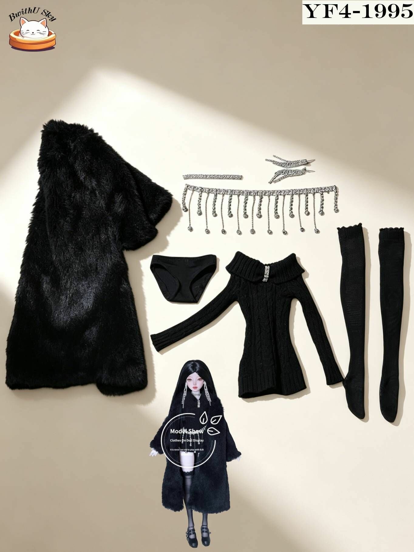 BwithUSky YF4-1995 for 1/4 BJD Seekly Одежда для БЖД: зимний комплект в черных тонах с меховой шубой и аксессуарами