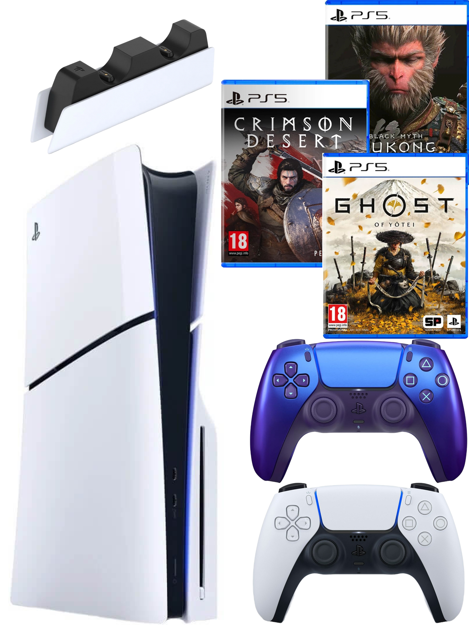Игровая приставка Sony PlayStation 5 Slim, 1ТБ(с дисководом), 2-ой геймпад + Зарядная станция+Комплект из 3 игр