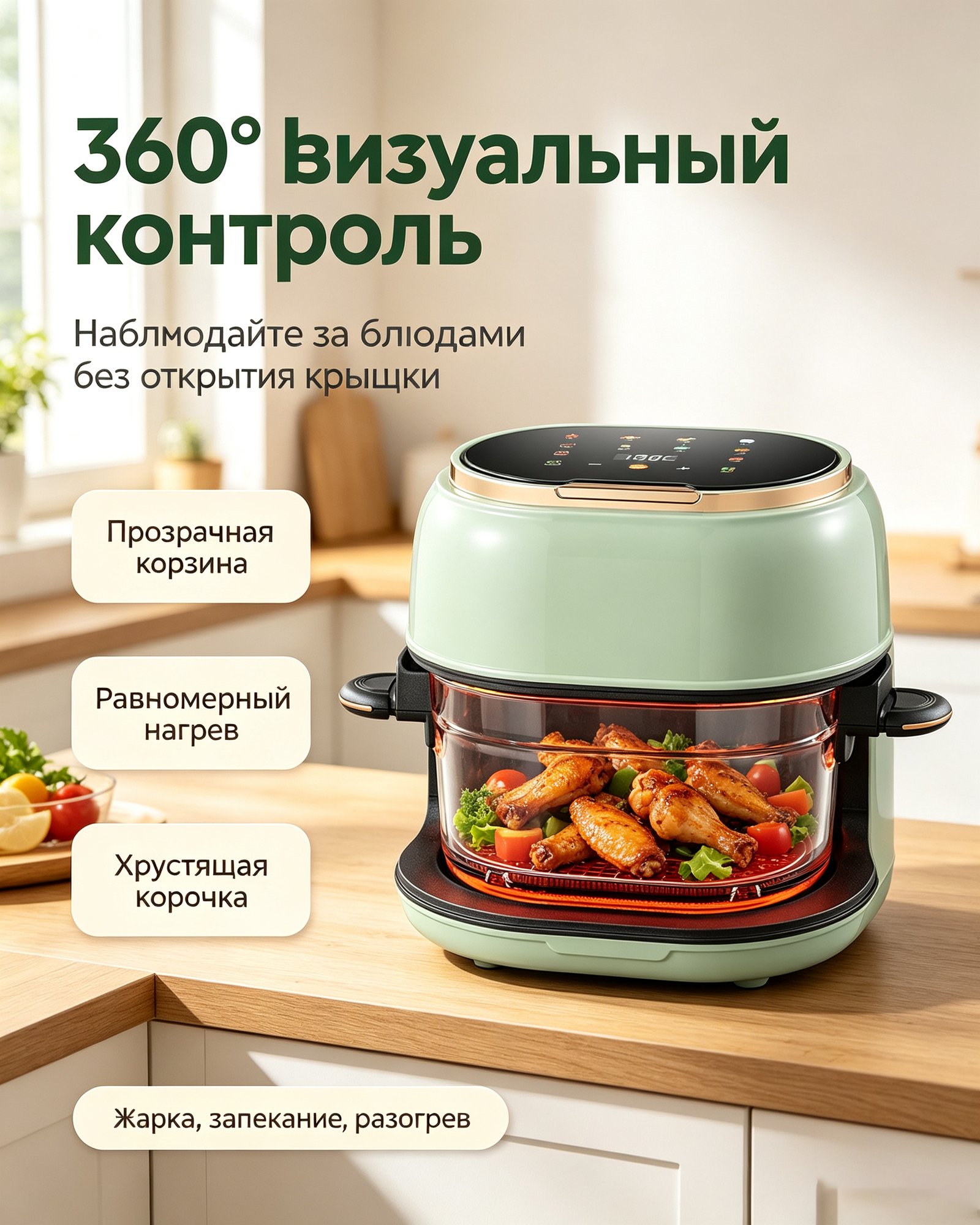 Аэрофритюрница со стеклянной видимой крышкой, без масла, мультифункциональная мини-фритюрница для дома