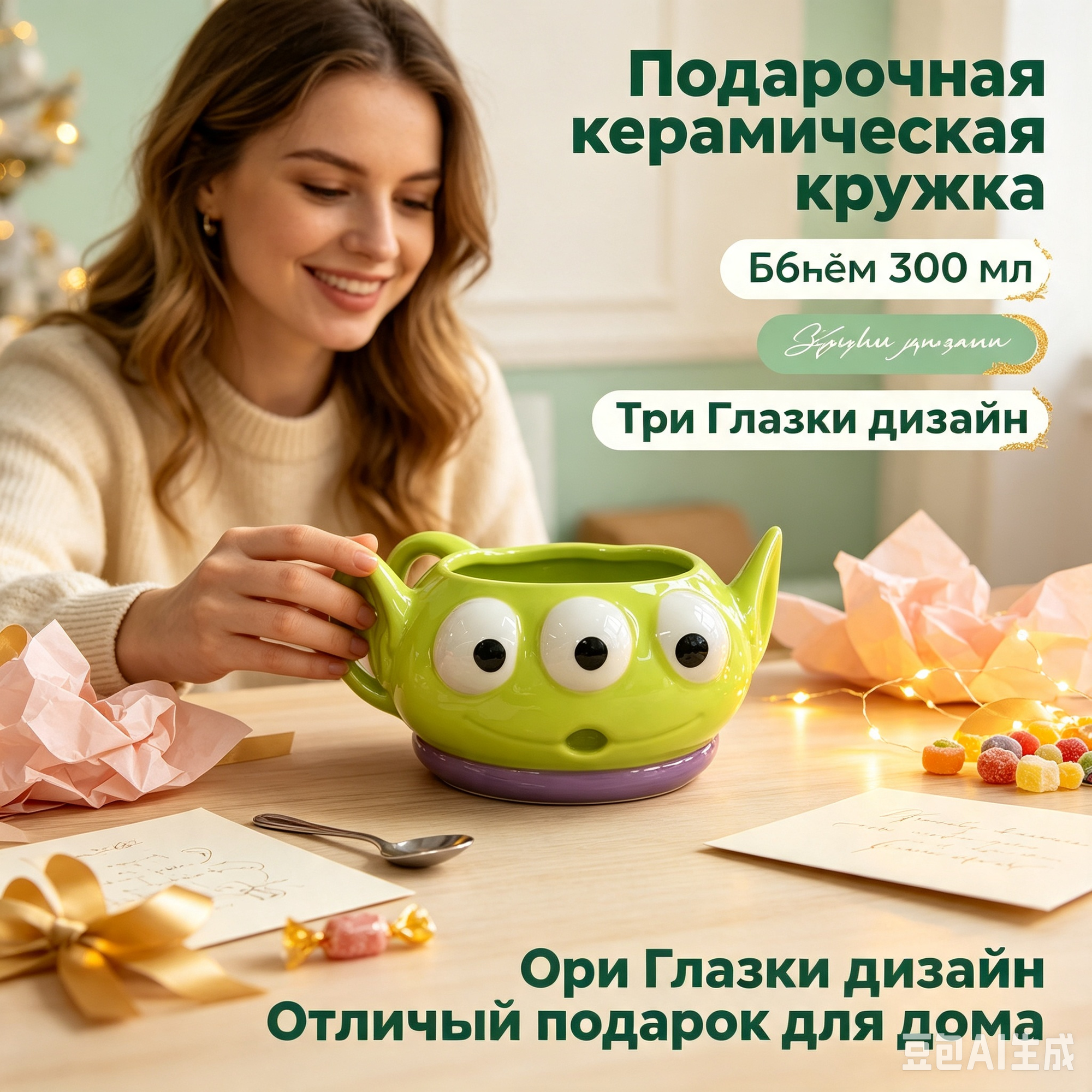 Мультяшная керамическая кружка, большая емкость 300 мл, с изображением трехглазого мальчика, зеленая