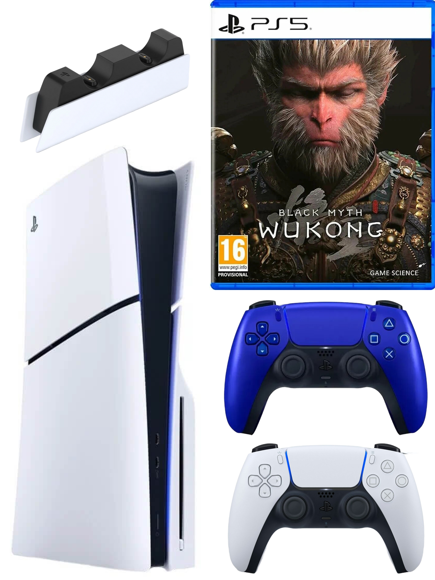 Игровая приставка Sony PS 5 Slim, 1ТБ(с дисководом)+2 геймпад(cobalt blue)+Зарядная станция+Black Myth: Wukong